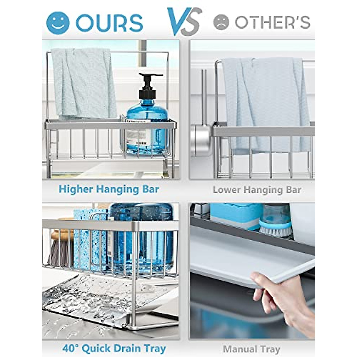 VOGWOLTH Sponge Holder for Kitchen Sink, Sink Caddy Kitchen Sponge Holder for Dish Rags Brush Soap Scrubber, Stainless Steel 304 Counter Organizer with Auto Drain Tray