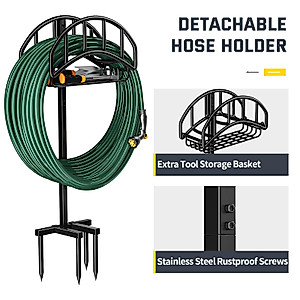 Kesfitt Garden Hose Holder,Detachable Water Hose Holders Freestanding with Tool Storage Basket,4 Spikes Heavy Duty Metal Hose Stand Hanger,Garden Hose Storage Rack for Outside Lawn Yard
