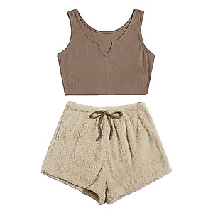 Milumia Womens Two Piece Pajamas Crop Tank Top Tie Waist Fluffy Teddy Shorts Lounge Set (A Brown and Beige, Medium)