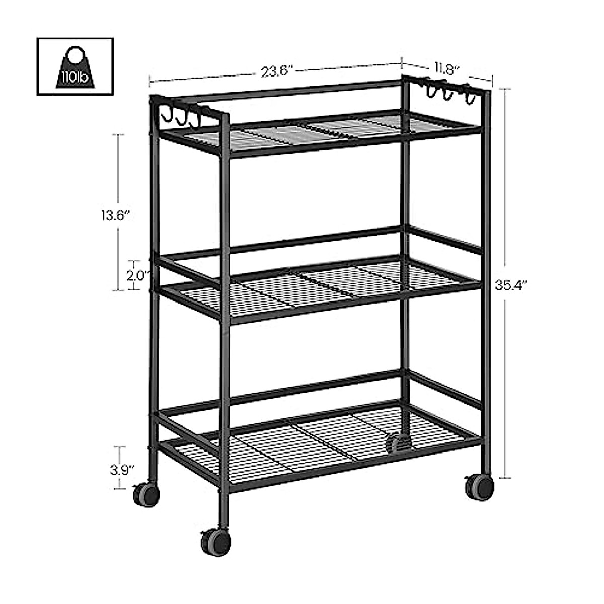 Hzuaneri 3-Tier Storage Racks - with 4 Wheels, Metal Industrial Standing Shelf Units with 6 Hooks, for Kitchen, Living Room, Bathroom, Entryway, Easy Assembly, Black SS02801B