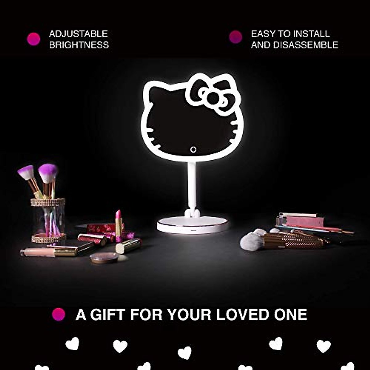Impressions Vanity Hello Kitty Tabletop Mount LED Rechargeable Makeup Mirror with 360 Degree Rotation, Touch Sensor Desk Mirror with Light Strip and Adjustable Brightness