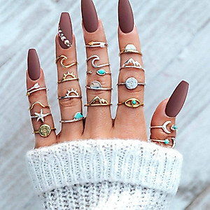 YOOESTORES82 Boho Stackable Ring Set for Women.Turquoise Star Moon Knuckle Rings Midi Finger Rings Set Retro Wave Peak Sea Stacking Joint Ring Sets