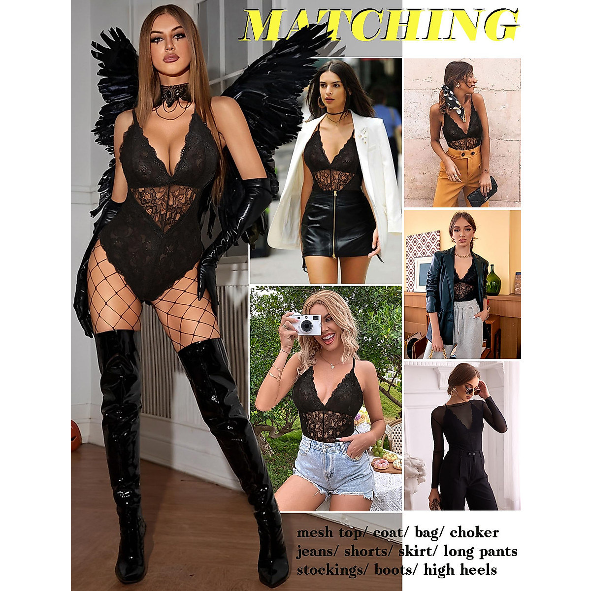 Avidlove Button Crotch Lingerie Women Deep V Lace Teddy Bodysuit One Piece Babydoll(Black,S)