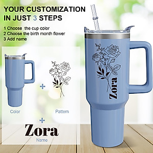 Personalized Gifts 40 Oz Tumbler with Handle and Straw Lid, with Names and Birth Flower Travel Coffee Mug, Custom Stainless Steel Double Walled Insulated Cup, Customized Gifts for Women Men Friend