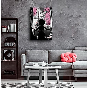 African American Wall Art Black Girl Pink Flowers Canvas Prints Modern Black and White Wall Art Fashion Paris Decoration Pictures Painting Framed Artwork Home Decor for Bedroom Bathroom 16x24inch