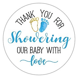 Blue Baby Shower Stickers, Thank You for Showering Our Baby with Love Stickers, Baby Shower Favors for Boys, Thank You Stickers Baby Shower, 2 Inch, Pack of 50.
