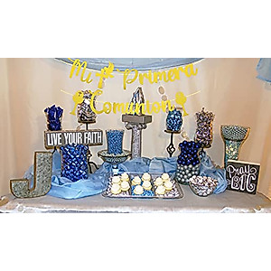 Mi Primera Comunion Banner, Mi Primera Comunion Cake Topper, Cross Baptism Decorations, First Communion Baby Shower Christening Theme Party Mi Bautizo Cake Topper Mi Primera Comunion Decoracion