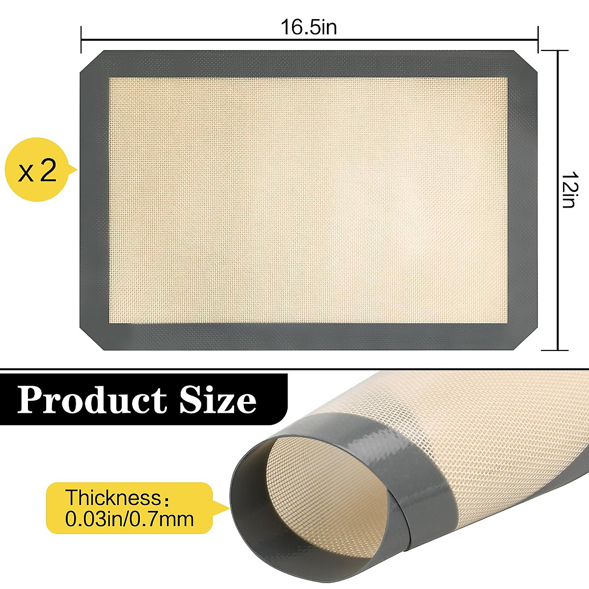 Silicone Baking Mat, 2pcs 16.5"×12" Silicone Reusable Baking Mat, Non-Stick, Food Safe Oven Baking Mats for Baking, Making Cookies, Bread