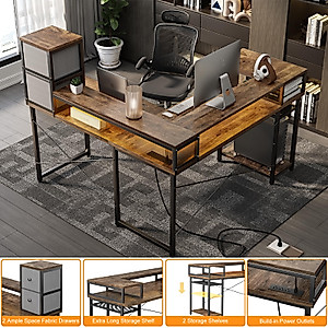 armocity L Shaped Desk with Drawers, Reversible Corner Computer Desk with LED Light & Power Outlet, 55.2'' L-Shaped Gaming Desk with Long Monitor Shelf, Home Office Desk for Small Corner Space, Rustic