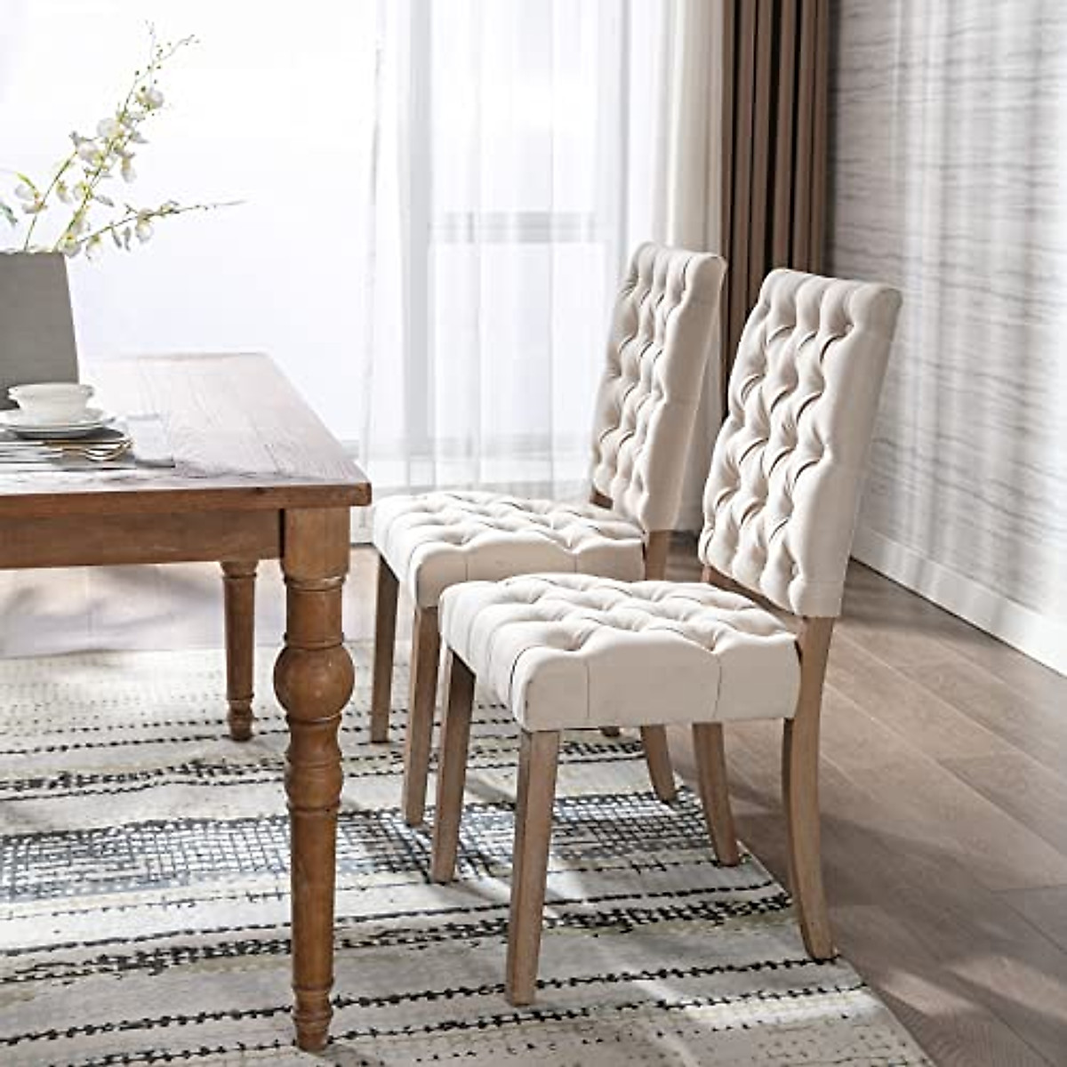 TRIPLE TREE High Back Dining Chairs Set of 2,Linen Fabric Accent Dining Chairs with Wooden Legs and Padded Seat,Upholstered Button Tufted Armless Chair Side Chair for Kitchen & Dining Room,Beige