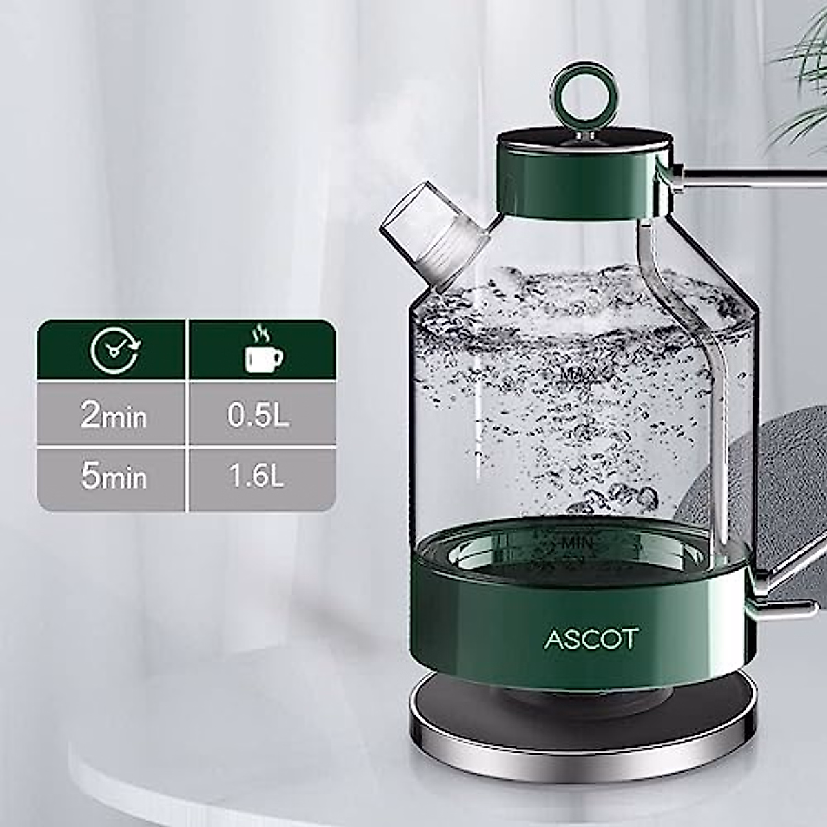 Electric Kettle, ASCOT Glass Electric Tea Kettle 1.6L 1500W Retro Tea Heater & Hot Water Boiler, No Plastic, BPA-Free, Cordless, with Auto Shut-Off and Boil-Dry Protection (Emerald Green)