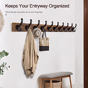Tatub 38" Coat Rack Wall Mount with 10 Hooks, Coat Hooks Wall Mounted, Wood Coat Hanger Wall for Entryway, Bathroom, Living Room, Bedroom, Rustic Brown