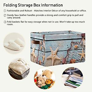 AUUXVA Summer Beach Sand Storage Basket Bin Rustic Wooden Starfish Large Fabric Toys Storage Cube Box with Handles Collapsible Closet Shelf Cloth Organizer Basket for Nursery Bedroom Bathroom