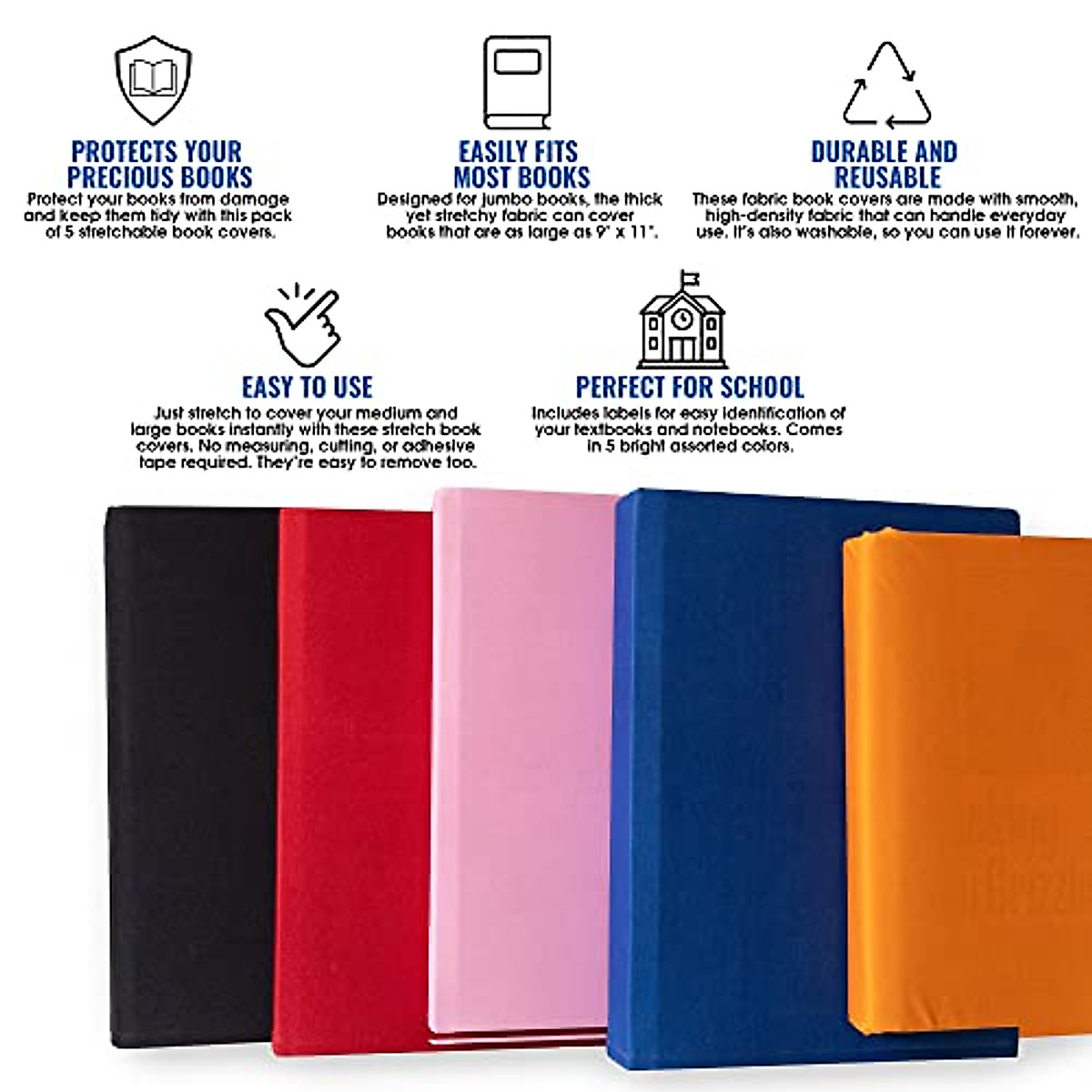 M.I.N Stretchable Book Covers, Jumbo, Set of 5, Solid Colors Fabric Bookcovers, Fits Extra Large Hardcover Textbooks up to 9 x 11, Stretch Book Covers, Durable, Washable & Reusable