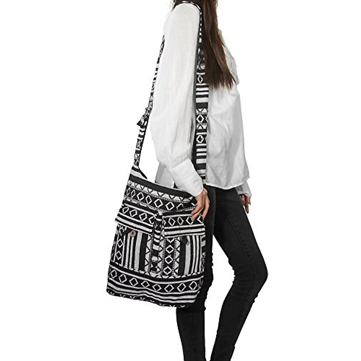 Tribe Azure Aztec Black White Woven Handmade Crossbody Hobo Women Shoulder Bag Sling Casual Large