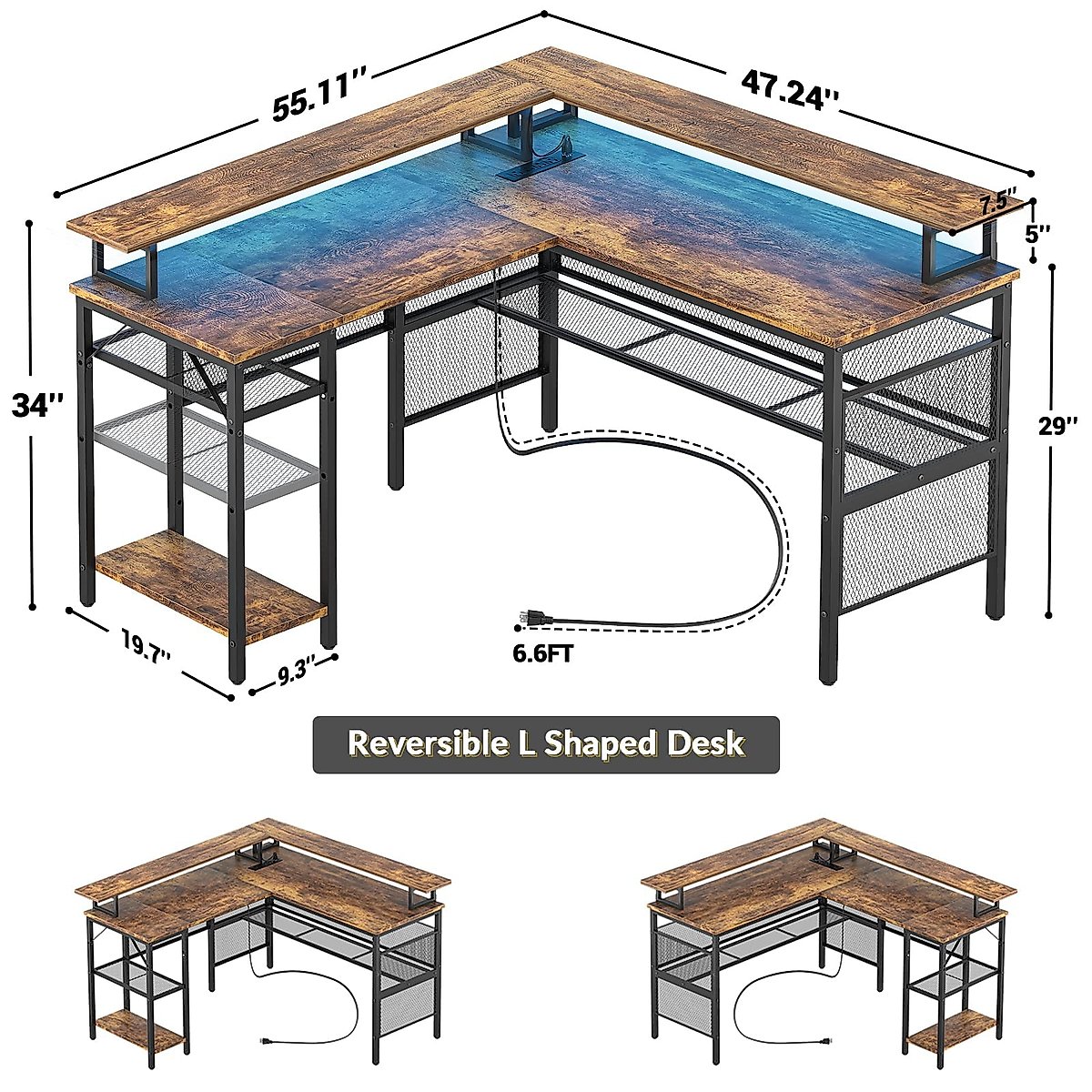 Unikito L Shaped Desk with LED Light and Power Outlet, Reversible Corner Computer Table with Monitor Stand and Storage Shelf, Modern L- Shaped Gaming Desk, Ergonomic Home Office Desk, Rustic Brown