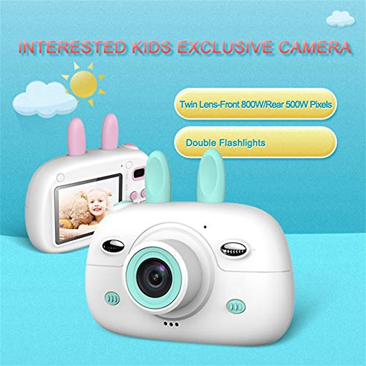 MCJL Child Camera Child Digital Camera Photograph Print Camera Cartoon Rabbit Video Recorder 1080P High List Anti Dual Lens 2.4 Inch IPS Screen,Blue,16GB