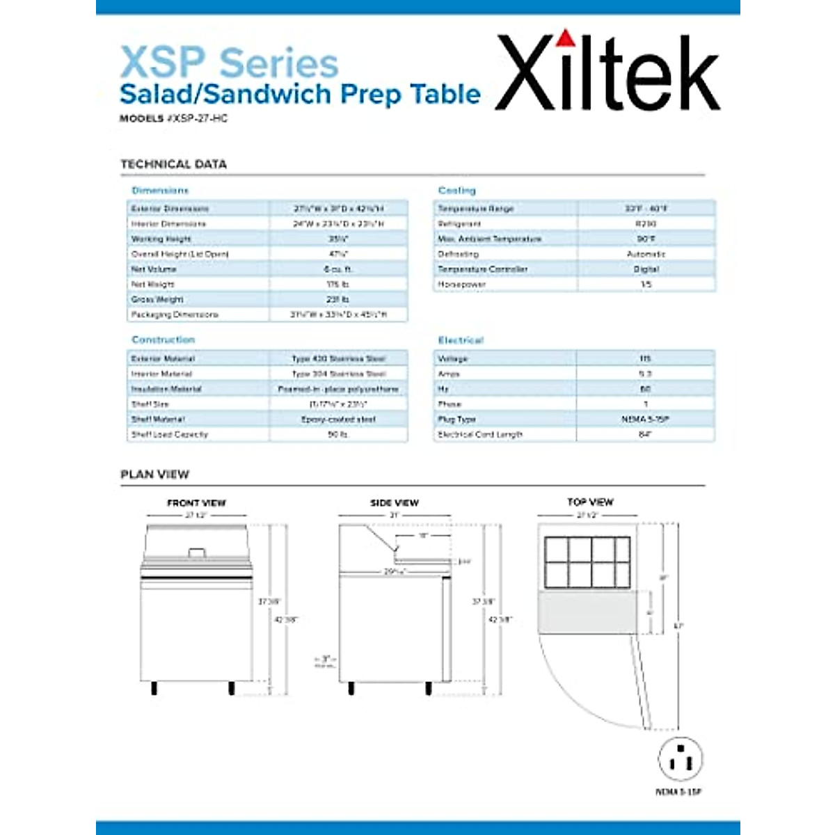 Xiltek 27" Commercial Sandwich Salad Prep Table Refrigerator Cooler With 8 Pans Included
