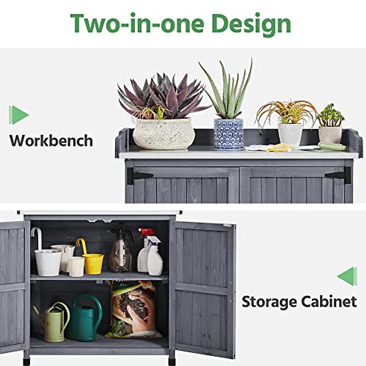 Yaheetech Garden Potting Bench Table - Outdoor Garden Patio Wooden Storage Cabinet & Solid Wood Planting Work Bench with Large Space Storage & Metal-Plated Tabletop, Gray