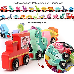 BESTAMTOY Wooden Colorful Dinosaur Number Train Toys Matching Sequencing Games Recognition Educational Learning Counting Set Building Blocks Kit