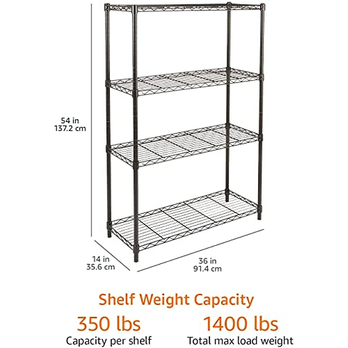 4-Shelf Adjustable, Heavy Duty Storage Shelving Unit (350 lbs Loading Capacity per Shelf), Steel Organizer Wire Rack, Black (36L x 14W x 54H)