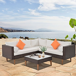 4-Pieces Outdoor PE Wicker Sofa Set with Coffee Table, L-Shape Patio Sofa Set with Colorful Pillows and Solid Wood Legs, All Weather Rattan Waterproof Conversation Seat (Brown+Beige)