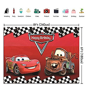 Cartoon Car Backdrop Children Boys Birthday Party Backdrops Car Racing Story Black White Grid Red Photo Backgrounds for Photography Birthday Party Banner (8X6ft)