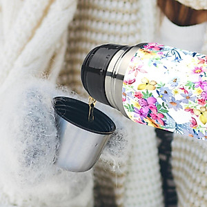 Stainless Steel Leather Vacuum Insulated Mug Flowers Thermos Water Bottle for Hot and Cold Drinks Kids Adults 16 Oz