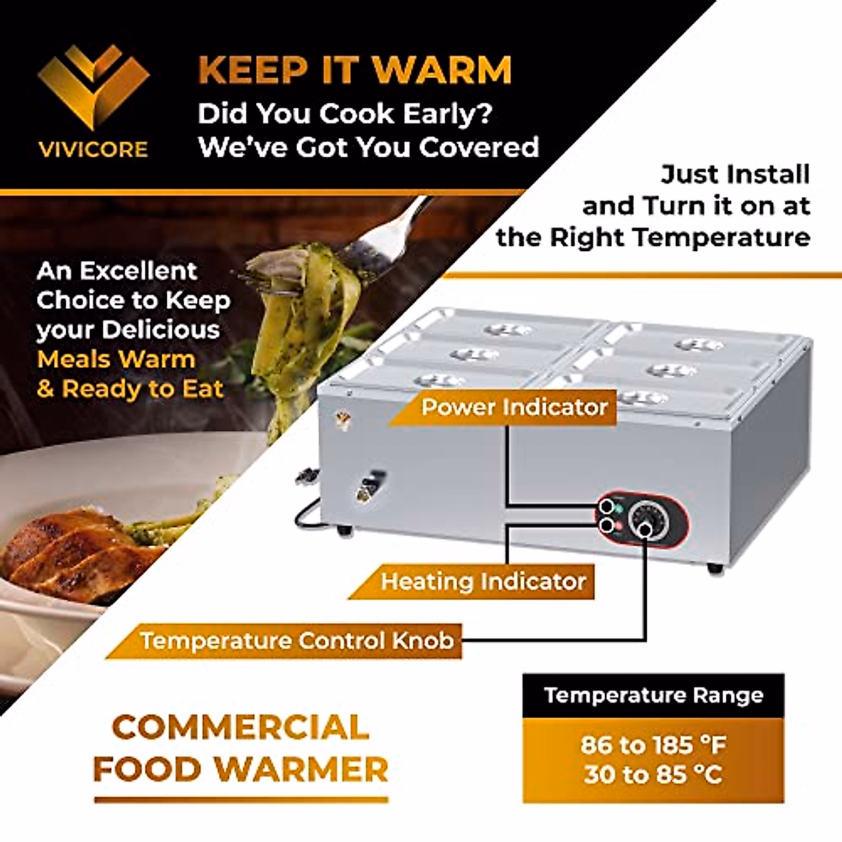 VIVICORE 6 Pan Commercial Food Warmer, 1200W Electric Steam Table, 32 Quart Capacity Professional Stainless Steel Buffet Bain Marie for Restaurants, Catering, Cafeterias, Home Parties, Hotels…
