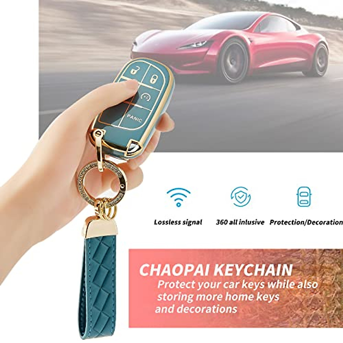 AKIYHIEI for Jeep Key Fob Cover Soft TPU Full Cover Protection Key Case for Grand Cherokee Renegade Chrysler 200 300 Dodge RAM Durango Challenger Journey Smart Key (Blue)