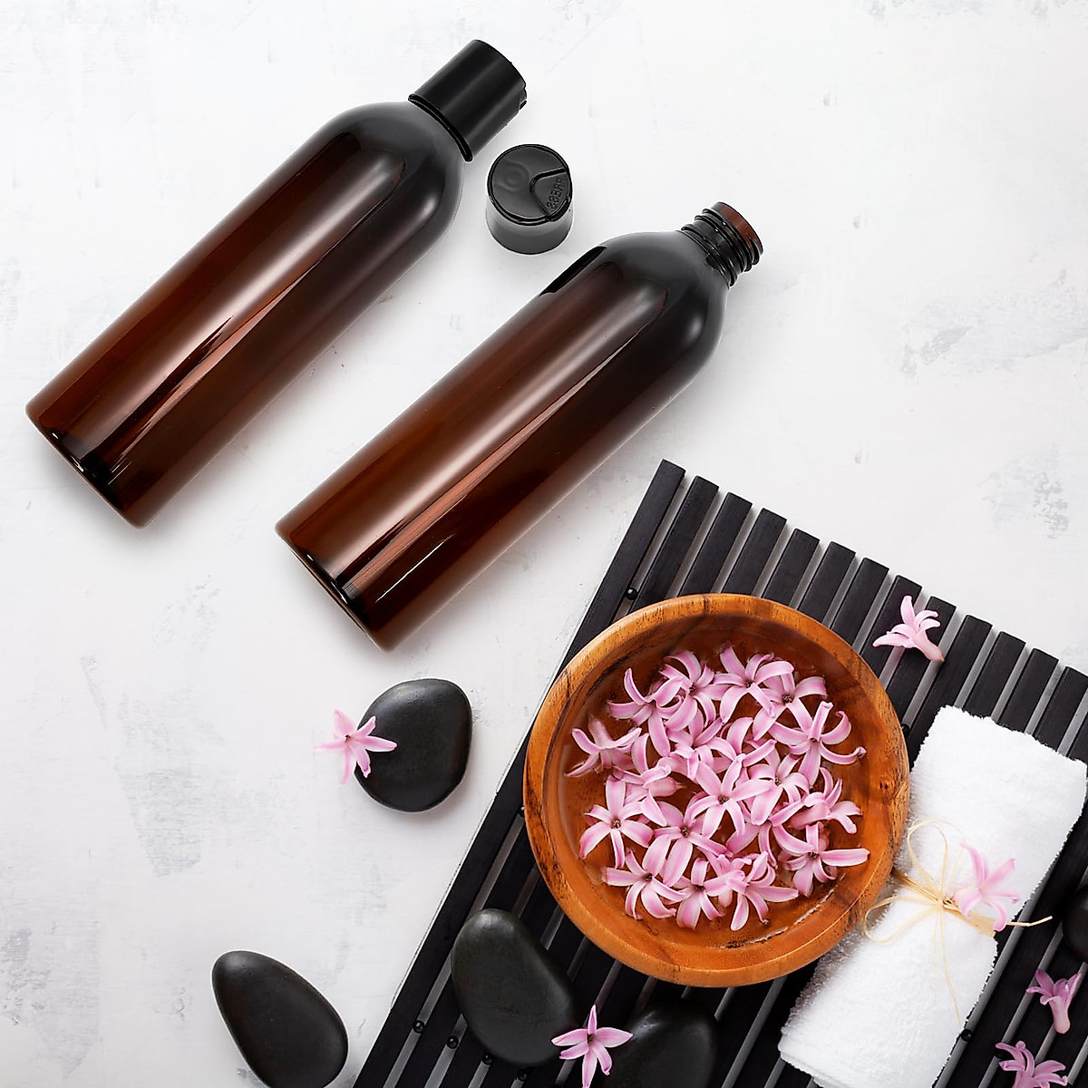 Bekith 16 Pack 8 ounce Amber Empty Plastic Bottles with Disc Top Flip Cap; BPA-Free Refillable Containers For Shampoo, Lotions, Liquid Body Soap, Creams