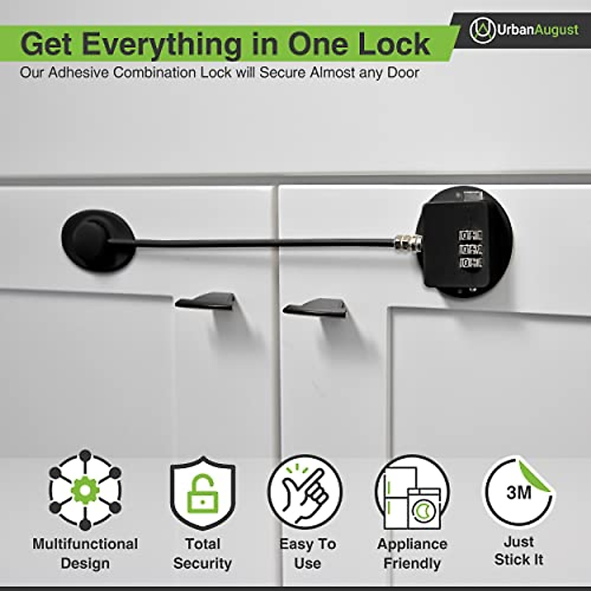 Urban August Adhesive Combination Lock – Childproofing & Baby Safety, Heat Resistance, Easy to Install with Heavy Duty 3M Adhesive Tape, Best for Cabinets, Drawers, Doors & refrigerators (Two)