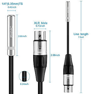 Devinal XLR Female to 1/4" Female calbe, 3 Pin XLR Female to 6.35mm Socket Audio Cord, XLR Jack to TS/TRS Quarter inch Adapter Connector Converter Metal Construction 1 feet (30 cm)