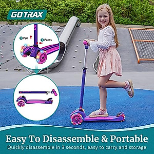 Gotrax KS1 Kids Kick Scooter, LED Lighted Wheels and 3 Adjustable Height Handlebars, Lean-to-Steer & Widen Anti-Slip Deck, 3 Wheel Scooter for Boys & Girls Ages 2-8 and up to 100 Lbs (Purple)