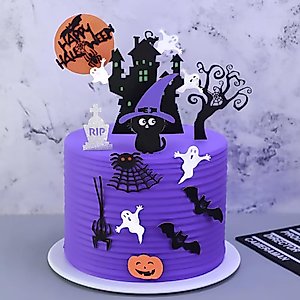 6Pcs Halloween Birthday Cake Topper Halloween Cupcake Topper Haunted House Glitter Spooky RIP Tombstone Pumpkin Bat Cat Spider Skull Cupcake Toppers for Halloween Themed Party Cake Decoration Supplies