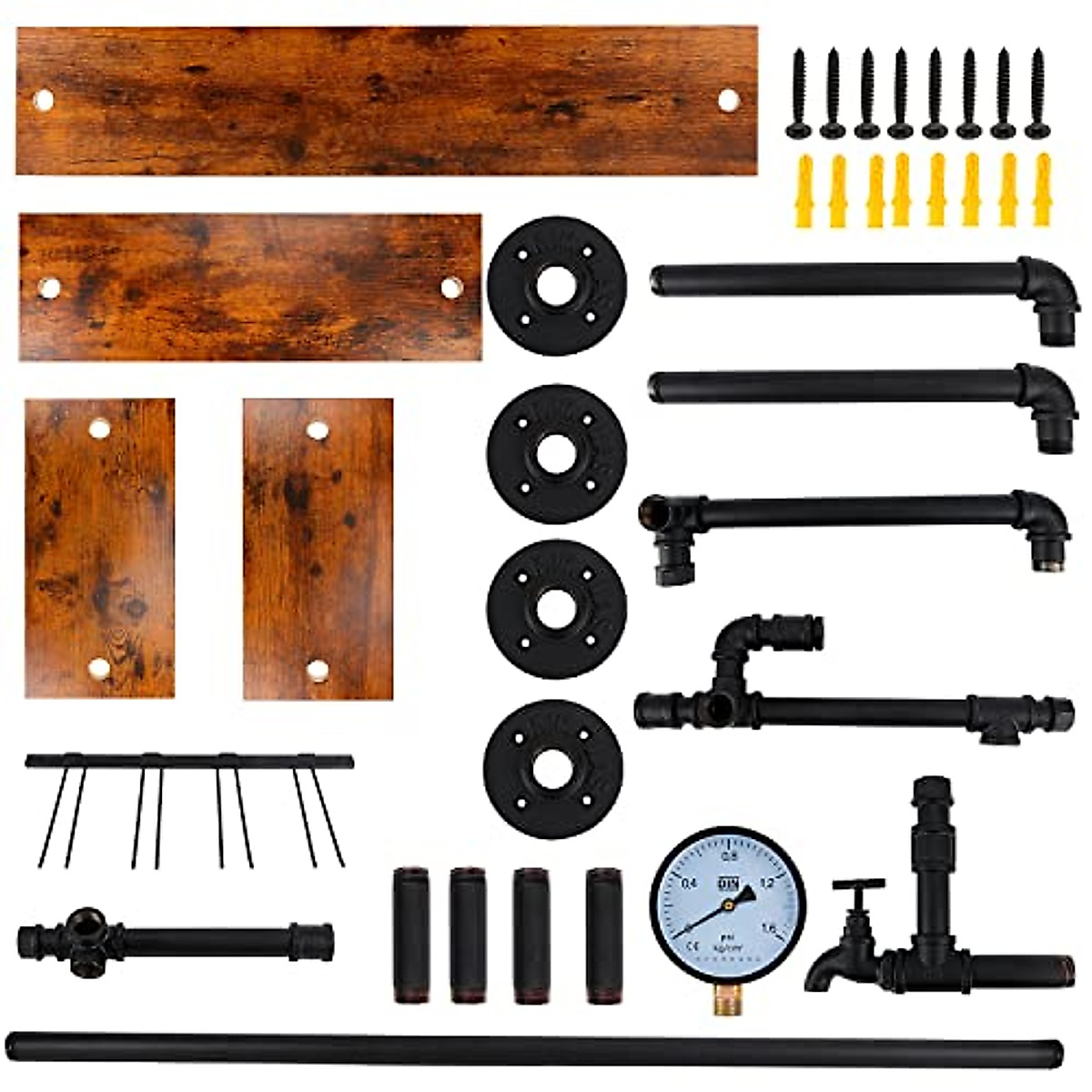 Rocomoco Industrial Pipe Shelving Wine Rack Wall Mounted with 4 Stem Glass Holder 39 Inch Bar Shelf Rustic Metal Floating Wall Bar Shelf 4-Tiers Hanging Liquor Wood Shelves Glass Rack for Kitchen