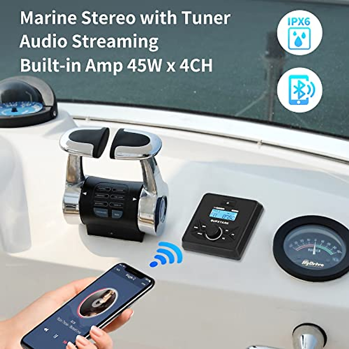Marine Stereo Radio 4x45W Gauge Mounting WB/AM/FM Tuner Bluetooth Receiver for Boat, UTV, Golf Cart