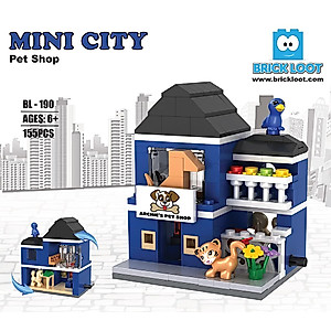 Brick Loot Exclusive Mini City Archie's Pet Shop Model - Custom Designed 155 Piece Set - Compatible with Lego and Other Major Brick Brand Models - Includes Animals: Dog, Cat, Bird and More