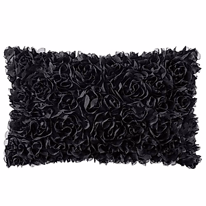 MIULEE 3D Decorative Romantic Valentines Stereo Chiffon Rose Flower Throw Pillow Cover Solid Pillowcase for Girl Women Wedding Sofa Bedroom Car Decor 12x20 Inch 30x50cm Black