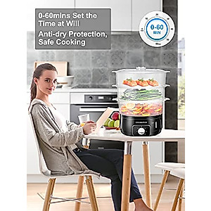 Cozeemax 13.7QT Electric Food Steamer for Cooking, 3 Tier Vegetable Steamer for Fast Simultaneous Cooking, 60 Minute Timer, BPA Free Baskets, 800W (Black)