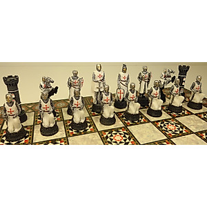 Medieval Times Crusades Warrior Chess Set Blue & White Maltese Cross with 16 1/2" Mossaic Color Board