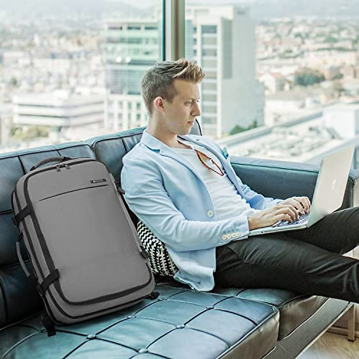 TUGUAN 17 Inch Laptop Backpack 36L Small Computer Backpack with USB Charging Port Gray Business Laptop Backpacks for Men Expandable Work Backpacks for Women - Suitable for Work and Commuting