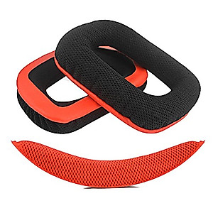 Geekria QuickFit Mesh Fabric Replacement Ear Pads for Logitech G430, G930 Headphone Ear Pad and Headband Pad/Ear Cushion + Headband Cushion/Repair Parts Suit (Red-Black)