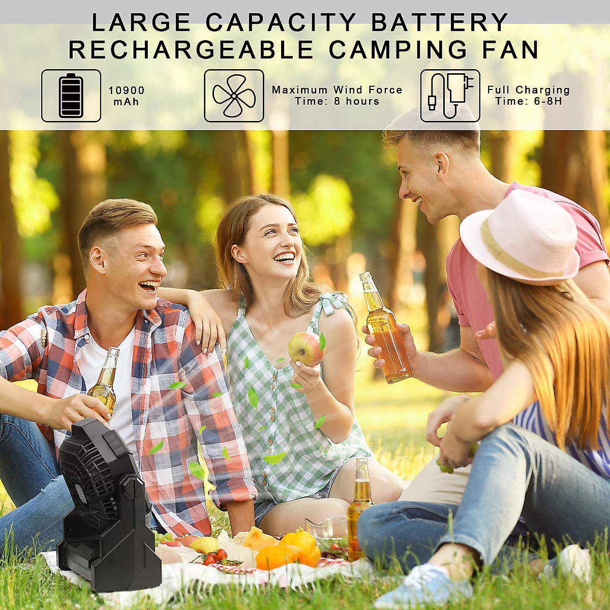 ESENY Camping Fan with LED Lantern, Battery Powered Fan 10900mAh,Portable Fan Rechargeable Outdoor Tent Fan,Stepless Speed and Quiet, Battery Operated Fan for Tent,Picnic, Barbecue, Travel (Black)