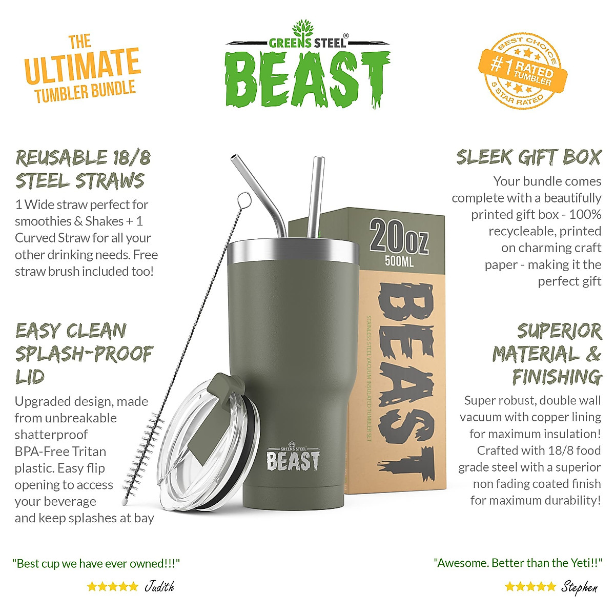 BEAST 20 oz Army Green Tumbler Set with Handle - Stainless Steel Coffee Cup + 2 Straws Brush, Gift Box & Black Handle