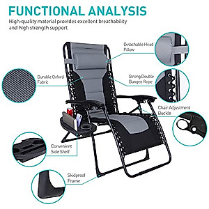F2C Padded Zero Gravity Chair, Adjustable Foldable Patio Reclining Lounge Chair with Headrest Pillow Side Cup Holder Tray for Outdoor, Deck, Patio, Beach Yard Poolside, Black Gray…