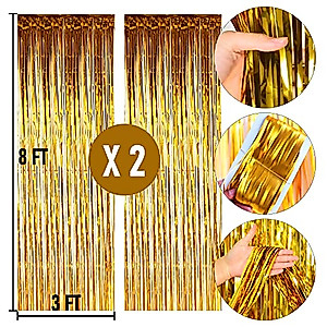 Dazzle Bright Backdrop Curtain, 3FT x 8FT Metallic Tinsel Foil Fringe Curtains Photo Booth Background for Baby Shower Party Birthday Wedding Engagement Bridal Shower (2, Gold)