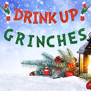 Drink Up Grinches Banner, Glittery Christmas Decorations Banners Winter Holiday Garland Photo Props Banner for Party Home Decorations