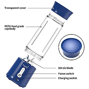 TastLi Portable Blender, USB Rechargeable, Travel Mini Personal Blender for Shakes and Smoothies, with 17 oz Blender Bottles, Waterproof, Small Juicer Cup Mixer Electric Smoothie Blender Maker (Dark blue)