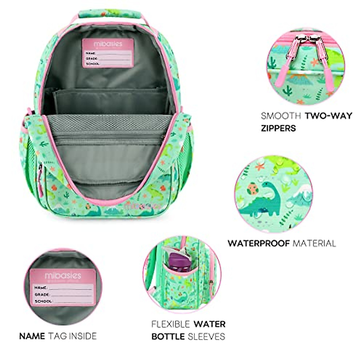 mibasies Girls Backpack for Elementary School with Insulated Lunch Bag (Light Green Dinosaur Forset)